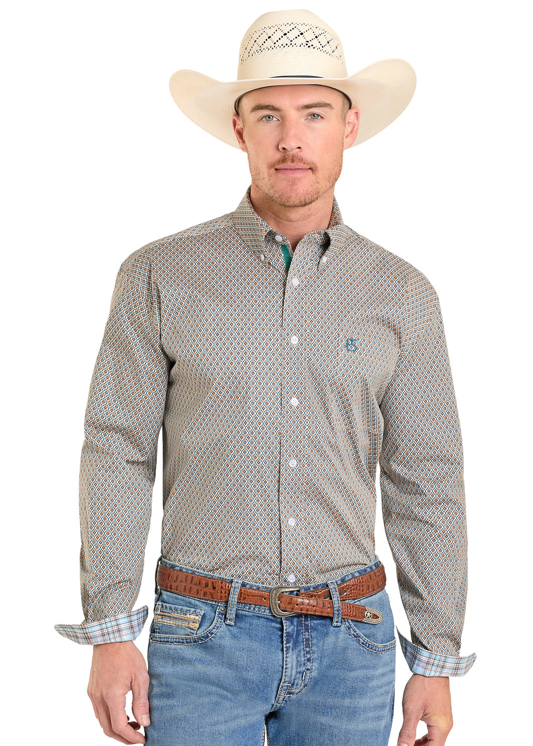 Panhandle Slim Tan/Green Cross Pattern Long Sleeve Button Shirt ...